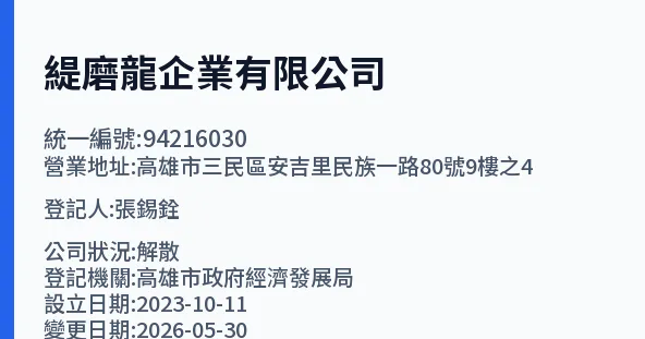 緹磨龍企業有限公司的照片-統編 94216030(高雄市) 公司登記資料與營業項目詳細圖表