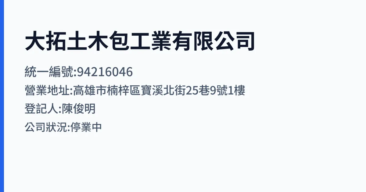 大拓土木包工業有限公司 - 統編 94216046(高雄市) 公司登記資料與營業項目詳細圖表