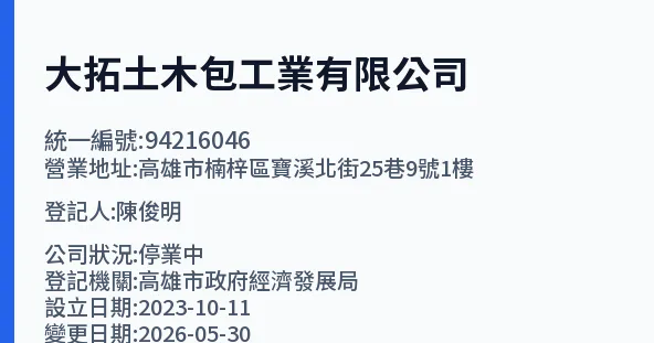 大拓土木包工業有限公司的照片-統編 94216046(高雄市) 公司登記資料與營業項目詳細圖表