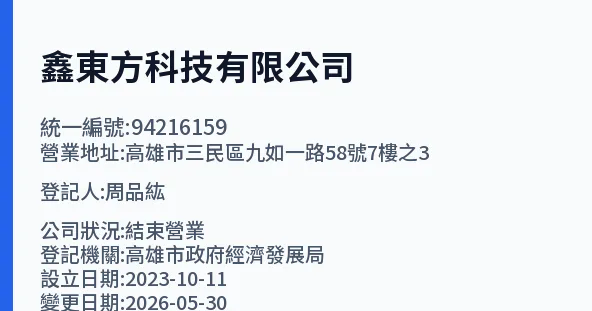 鑫東方科技有限公司的照片-統編 94216159(高雄市) 公司登記資料與營業項目詳細圖表