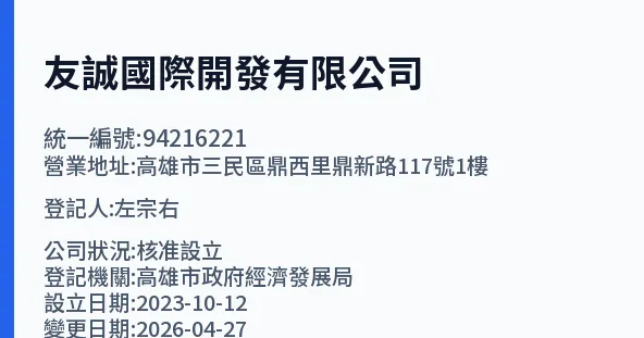友誠國際開發有限公司的照片-統編 94216221(高雄市) 公司登記資料與營業項目詳細圖表