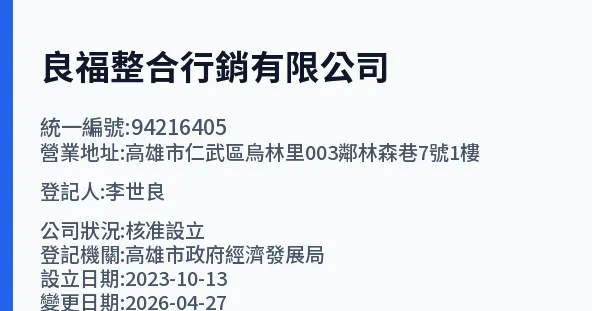 良福整合行銷有限公司的照片-統編 94216405(高雄市) 公司登記資料與營業項目詳細圖表