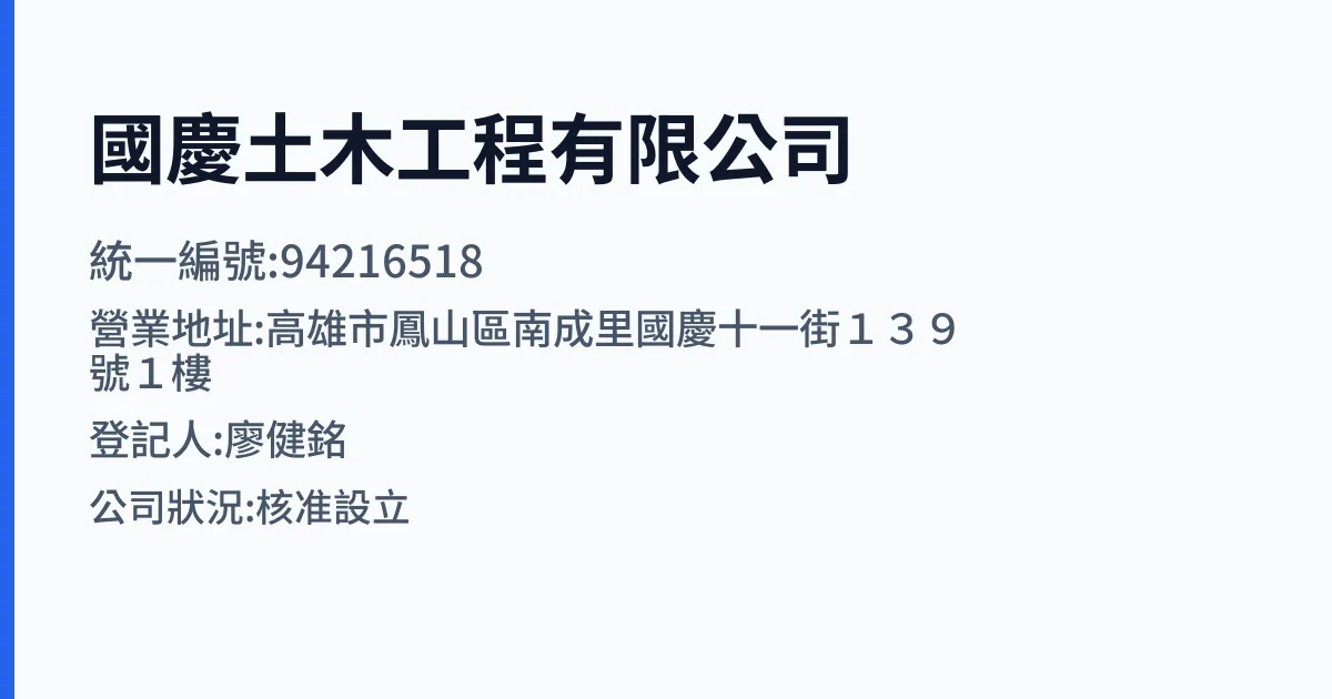 國慶土木工程有限公司 - 統編 94216518（高雄市） 公司登記資料與營業項目詳細圖表