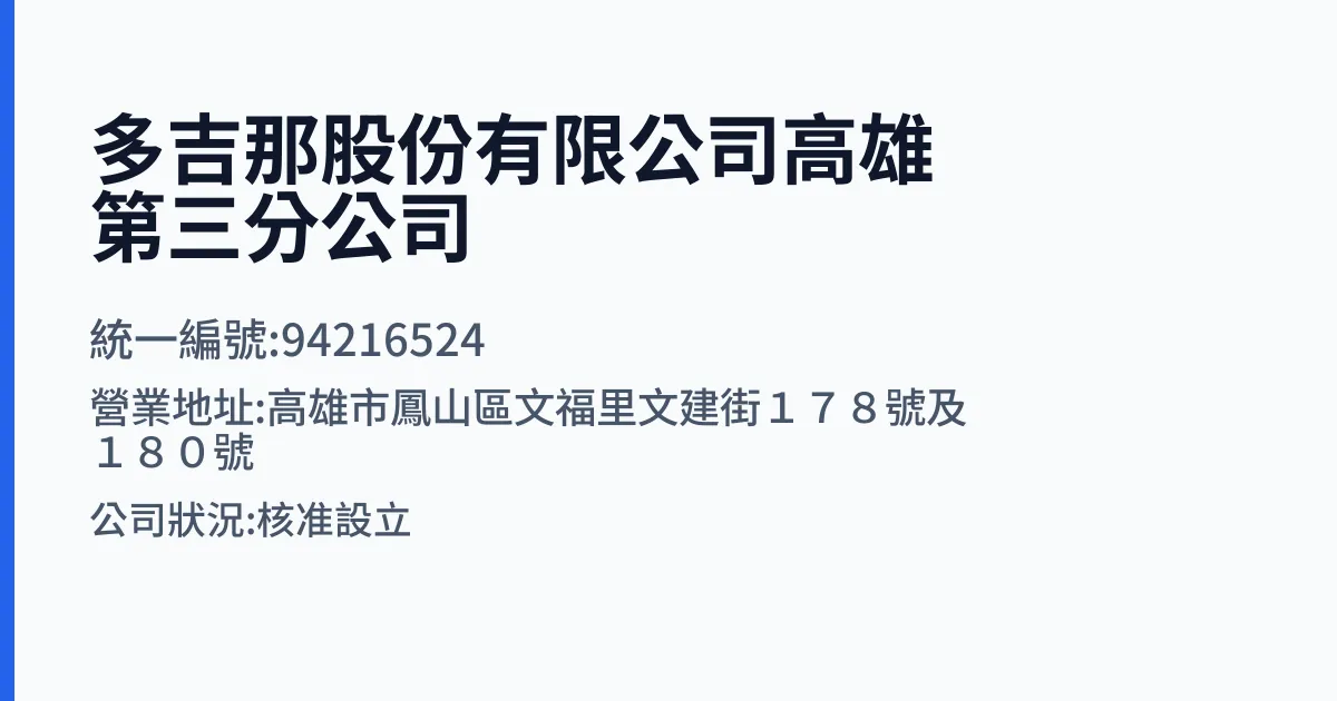 多吉那股份有限公司高雄第三分公司 - 統編 94216524(高雄市) 公司登記資料與營業項目詳細圖表