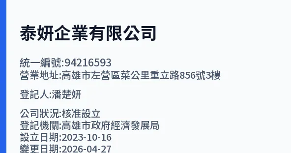 泰妍企業有限公司的照片-統編 94216593(高雄市) 公司登記資料與營業項目詳細圖表