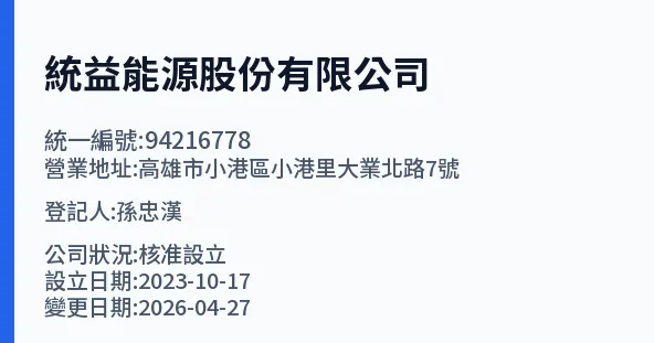 統益能源股份有限公司的照片-統編 94216778(高雄市) 公司登記資料與營業項目詳細圖表