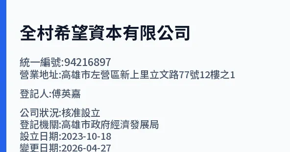 全村希望資本有限公司的照片-統編 94216897(高雄市) 公司登記資料與營業項目詳細圖表