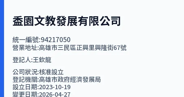 盉園文教發展有限公司的照片-統編 94217050(高雄市) 公司登記資料與營業項目詳細圖表
