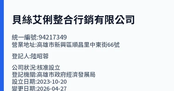 貝絲艾俐整合行銷有限公司的照片-統編 94217349(高雄市) 公司登記資料與營業項目詳細圖表