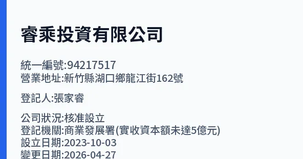 睿乘投資有限公司的照片-統編 94217517(新竹縣) 公司登記資料與營業項目詳細圖表