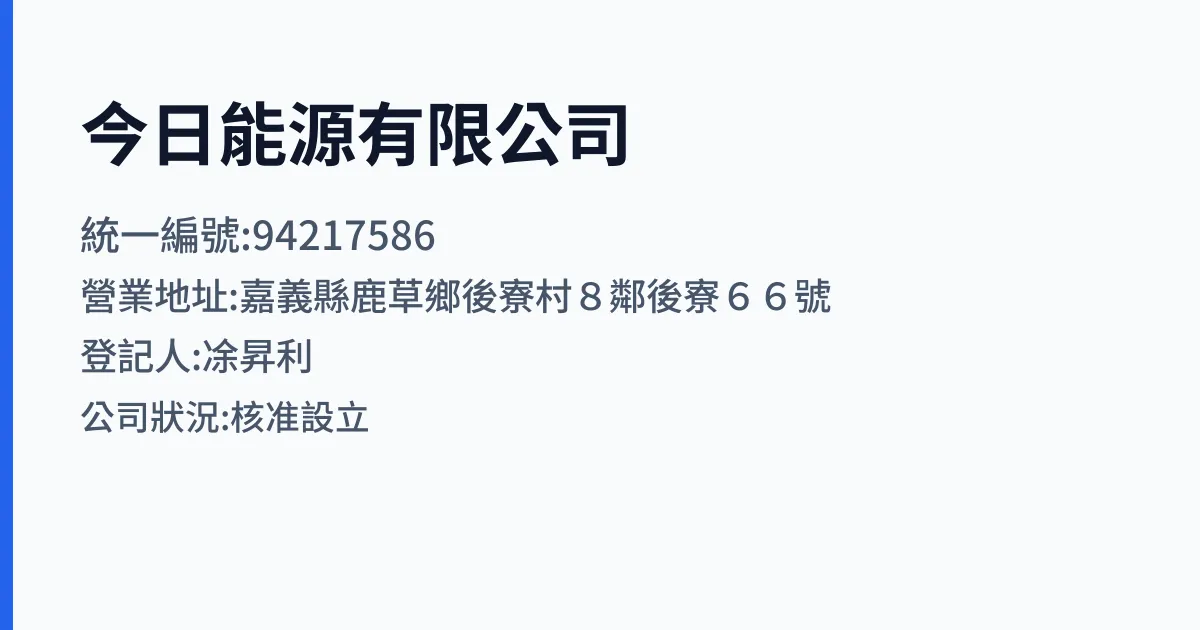 今日能源有限公司 - 統編 94217586（嘉義縣） 公司登記資料與營業項目詳細圖表