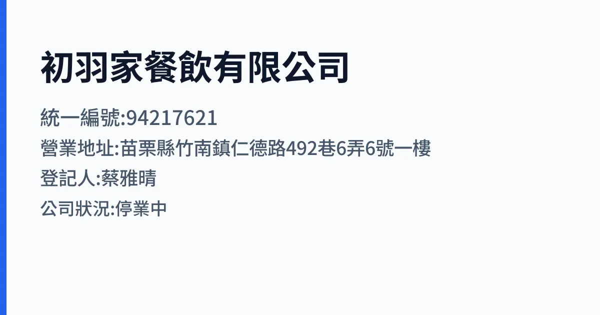 初羽家餐飲有限公司 - 統編 94217621(苗栗縣) 公司登記資料與營業項目詳細圖表
