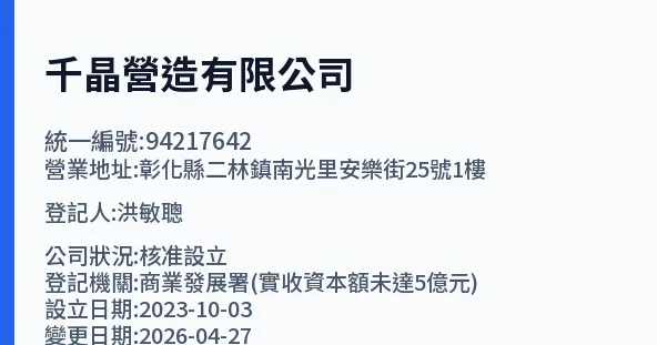 千晶營造有限公司的照片-統編 94217642(彰化縣) 公司登記資料與營業項目詳細圖表