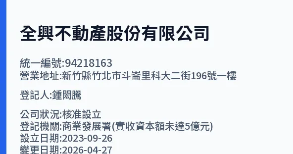 全興不動產股份有限公司的照片-統編 94218163(新竹縣) 公司登記資料與營業項目詳細圖表