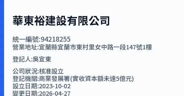 華東裕建設有限公司的照片-統編 94218255(宜蘭縣) 公司登記資料與營業項目詳細圖表