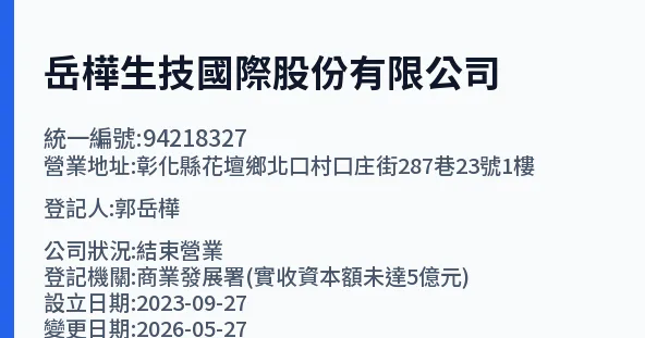 岳樺生技國際股份有限公司的照片-統編 94218327(彰化縣) 公司登記資料與營業項目詳細圖表