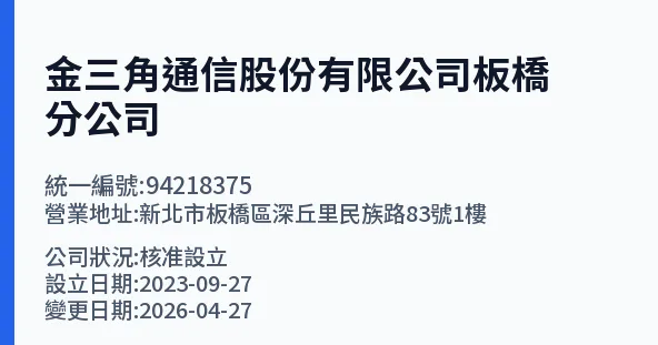 金三角通信股份有限公司板橋分公司的照片-統編 94218375(新北市) 公司登記資料與營業項目詳細圖表