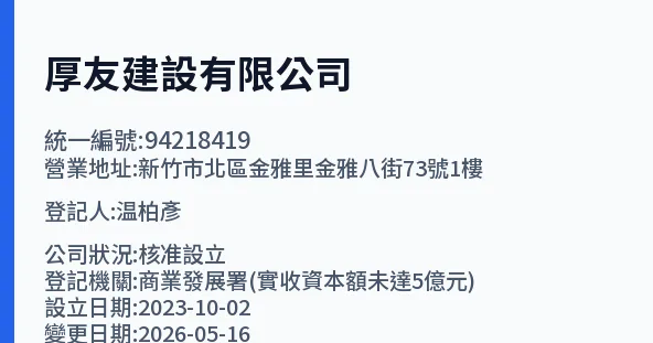 厚友建設有限公司的照片-統編 94218419(新竹市) 公司登記資料與營業項目詳細圖表