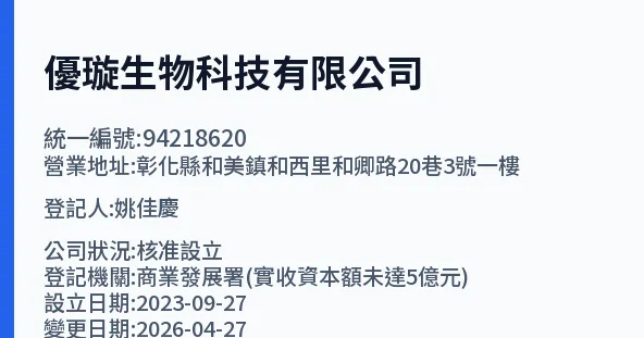 優璇生物科技有限公司的照片-統編 94218620(彰化縣) 公司登記資料與營業項目詳細圖表