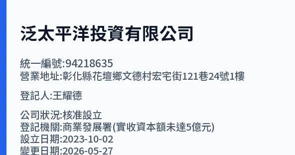 泛太平洋投資有限公司的照片-統編 94218635(彰化縣) 公司登記資料與營業項目詳細圖表