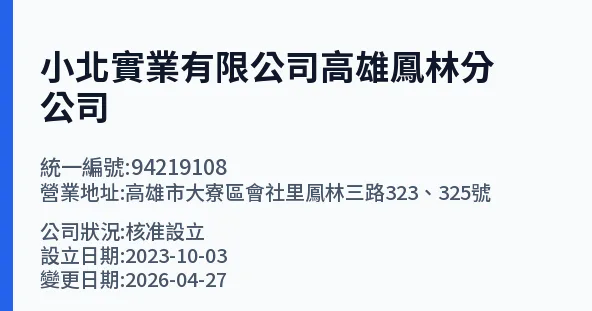 小北實業有限公司高雄鳳林分公司的照片-統編 94219108(高雄市) 公司登記資料與營業項目詳細圖表