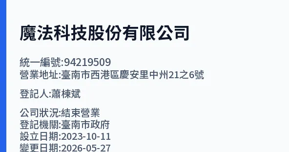 魔法科技股份有限公司的照片-統編 94219509(臺南市) 公司登記資料與營業項目詳細圖表