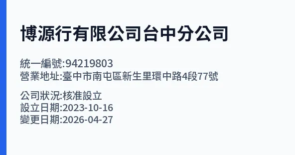 博源行有限公司台中分公司的照片-統編 94219803(臺中市) 公司登記資料與營業項目詳細圖表