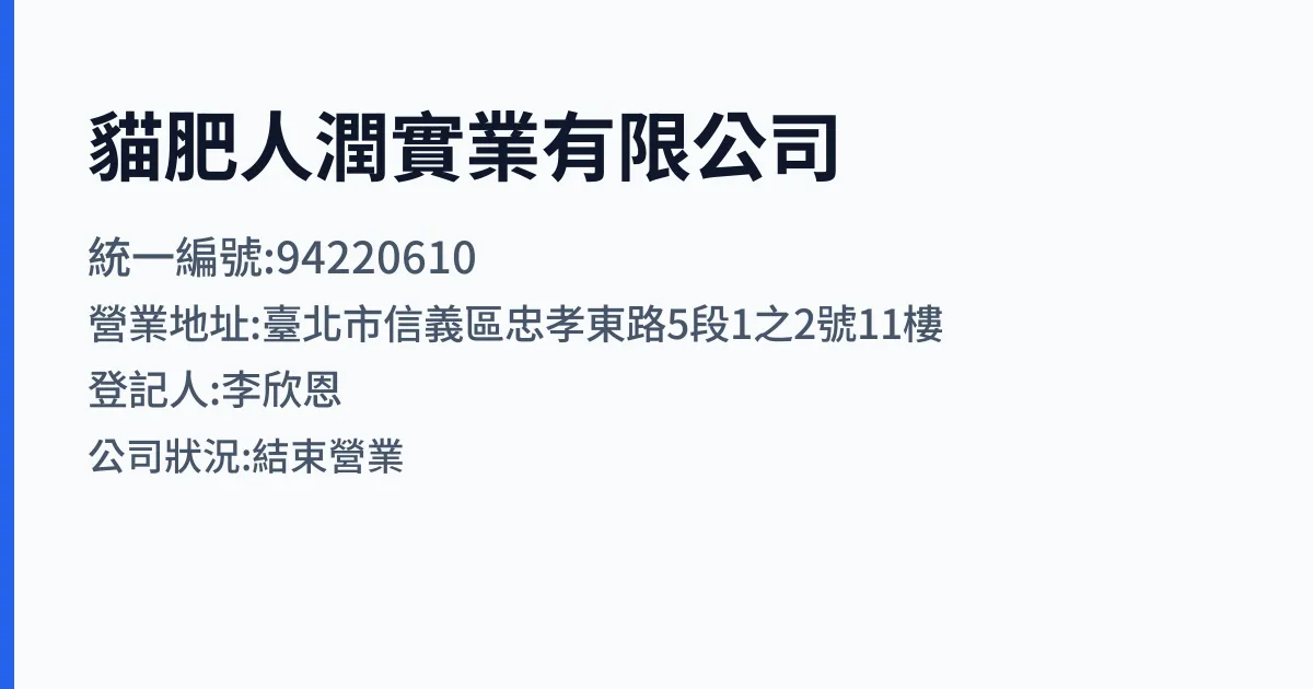 貓肥人潤實業有限公司 - 統編 94220610(臺北市) 公司登記資料與營業項目詳細圖表