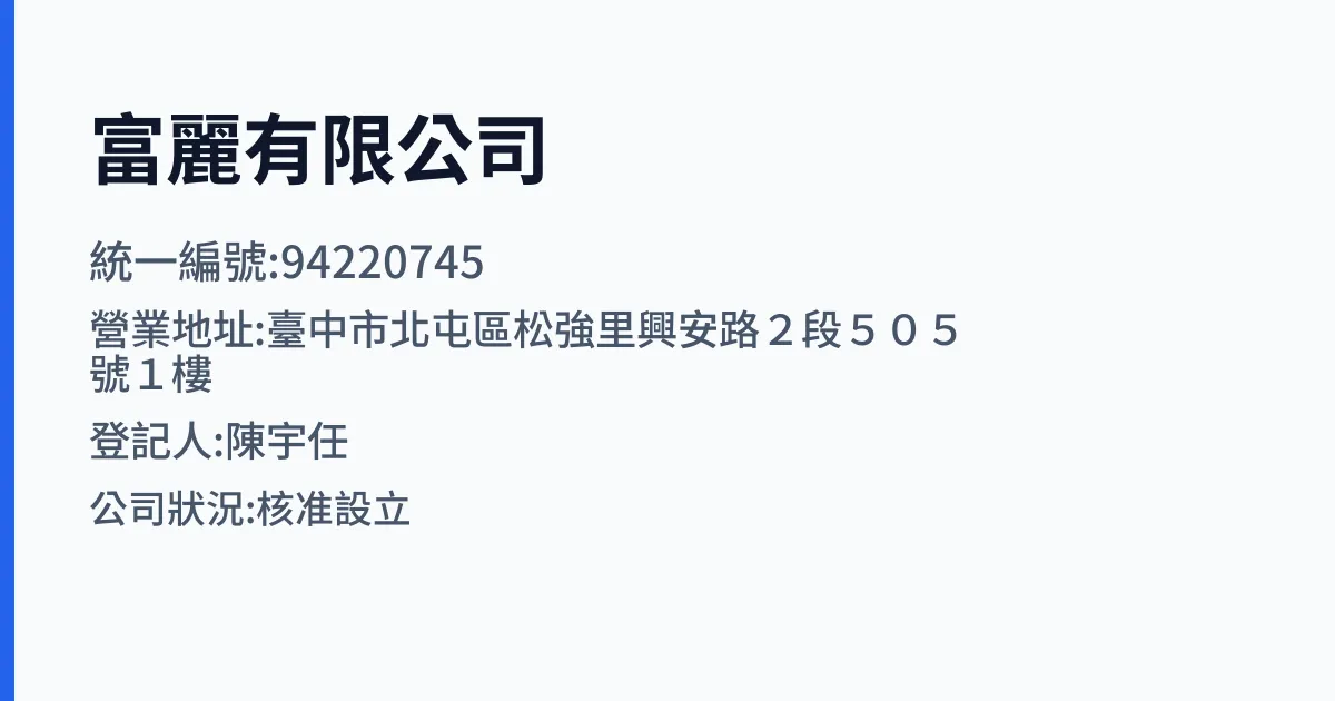 富麗有限公司 - 統編 94220745(臺中市) 公司登記資料與營業項目詳細圖表