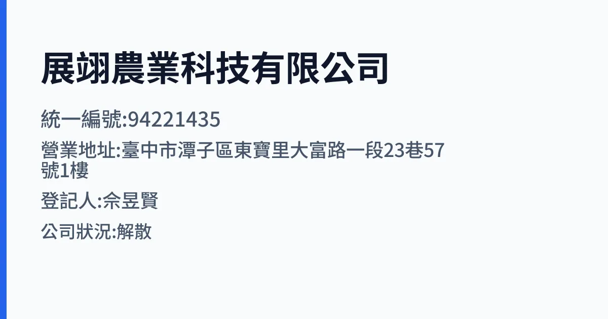 展翊農業科技有限公司 - 統編 94221435(臺中市) 公司登記資料與營業項目詳細圖表
