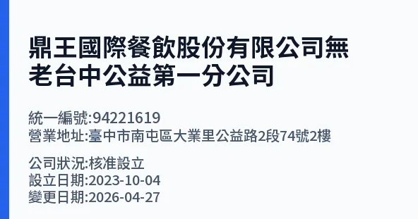 鼎王國際餐飲股份有限公司無老台中公益第一分公司的照片-統編 94221619(臺中市) 公司登記資料與營業項目詳細圖表