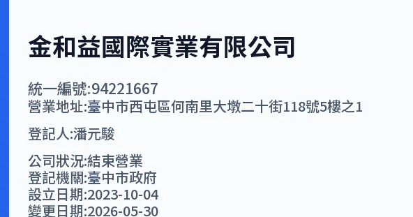 金和益國際實業有限公司的照片-統編 94221667(臺中市) 公司登記資料與營業項目詳細圖表