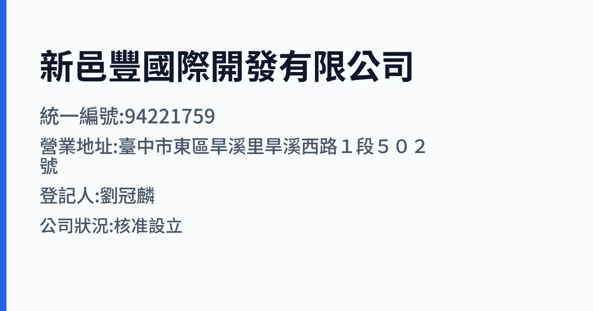 新邑豐國際開發有限公司 - 統編 94221759(臺中市) 公司登記資料與營業項目詳細圖表