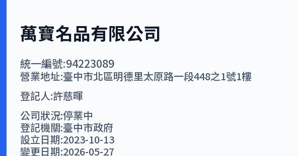 萬寶名品有限公司的照片-統編 94223089(臺中市) 公司登記資料與營業項目詳細圖表