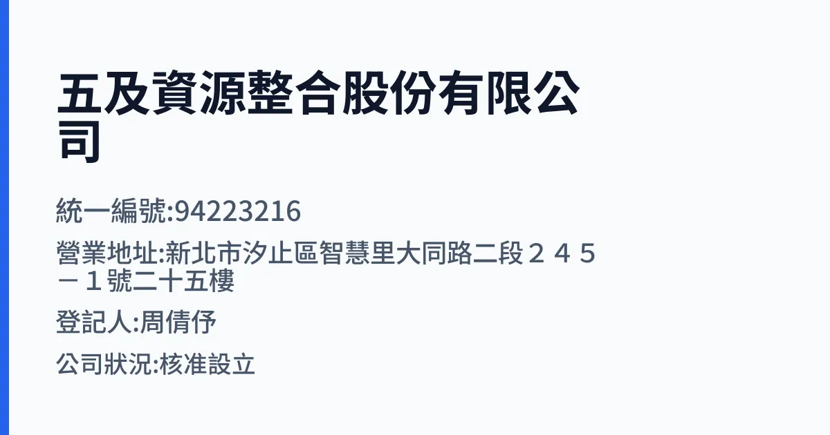 五及資源整合股份有限公司 - 統編 94223216(新北市) 公司登記資料與營業項目詳細圖表