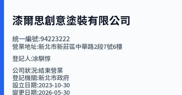 漆爾思創意塗裝有限公司的照片-統編 94223222(新北市) 公司登記資料與營業項目詳細圖表