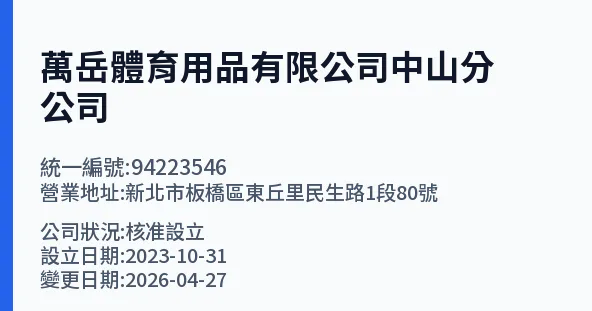 萬岳體育用品有限公司中山分公司的照片-統編 94223546(新北市) 公司登記資料與營業項目詳細圖表