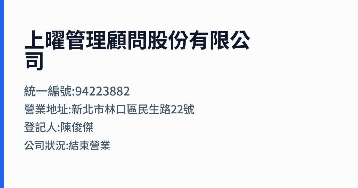 上曜管理顧問股份有限公司 - 統編 94223882(新北市) 公司登記資料與營業項目詳細圖表