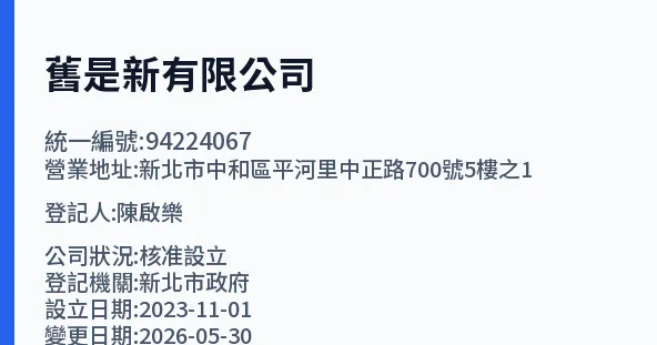舊是新有限公司的照片-統編 94224067(新北市) 公司登記資料與營業項目詳細圖表