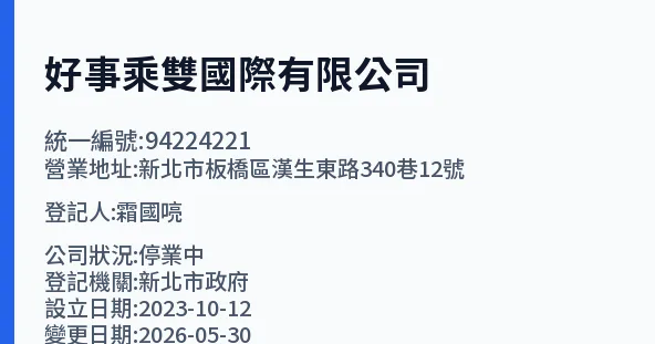 好事乘雙國際有限公司的照片-統編 94224221(新北市) 公司登記資料與營業項目詳細圖表