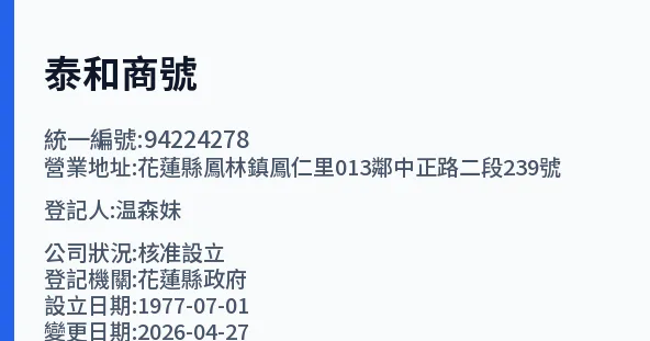 泰和商號的照片-統編 94224278(花蓮縣) 公司登記資料與營業項目詳細圖表