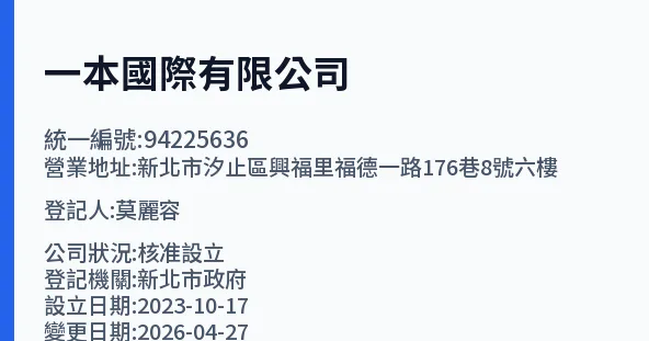 一本國際有限公司的照片-統編 94225636(新北市) 公司登記資料與營業項目詳細圖表