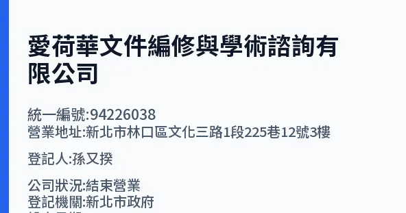 愛荷華文件編修與學術諮詢有限公司的照片-統編 94226038(新北市) 公司登記資料與營業項目詳細圖表