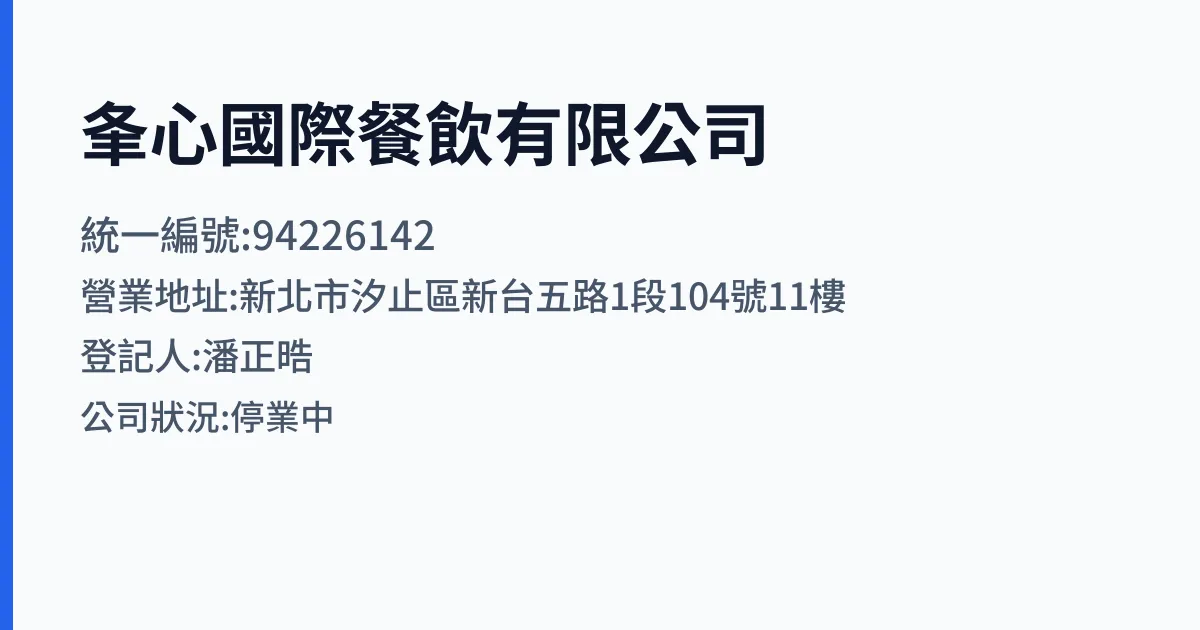 夆心國際餐飲有限公司 - 統編 94226142(新北市) 公司登記資料與營業項目詳細圖表