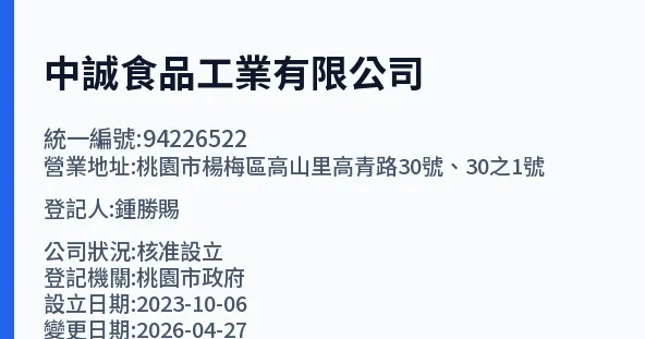 中誠食品工業有限公司的照片-統編 94226522(桃園市) 公司登記資料與營業項目詳細圖表
