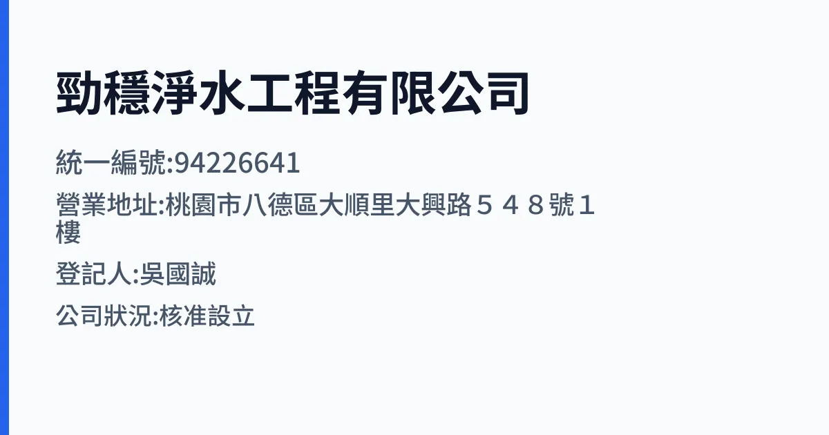勁穩淨水工程有限公司 - 統編 94226641(桃園市) 公司登記資料與營業項目詳細圖表