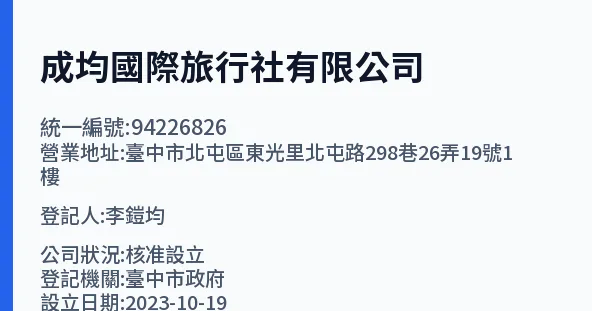 成均國際旅行社有限公司的照片-統編 94226826(臺中市) 公司登記資料與營業項目詳細圖表