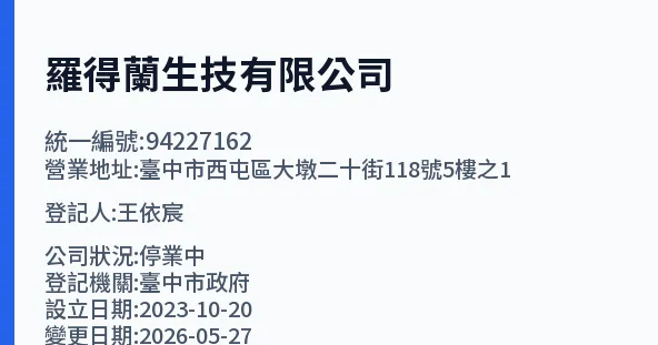 羅得蘭生技有限公司的照片-統編 94227162(臺中市) 公司登記資料與營業項目詳細圖表