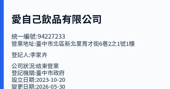 愛自己飲品有限公司的照片-統編 94227233(臺中市) 公司登記資料與營業項目詳細圖表