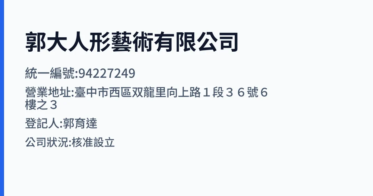 郭大人形藝術有限公司 - 統編 94227249(臺中市) 公司登記資料與營業項目詳細圖表